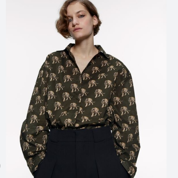 Zara | Tops | Zara Olive Green Tiger Print Shirt | Poshmark